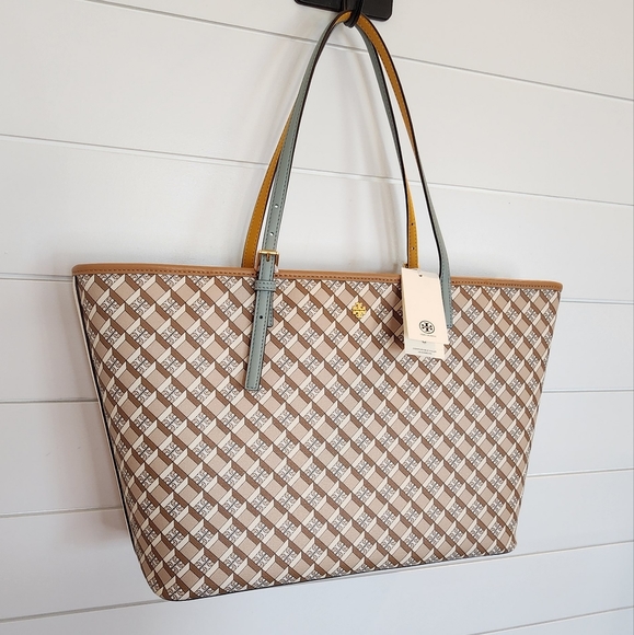 Tory Burch | Bags | Tory Burch Geo Logo Colorblock Tote In Hazelnut Nwt Large Size | Poshmark